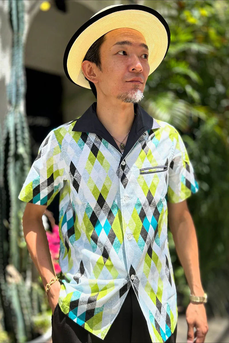 Dry Bones S/S Print Italian Collar Shirt “LOZENGE” – Blue Works Vintage ...